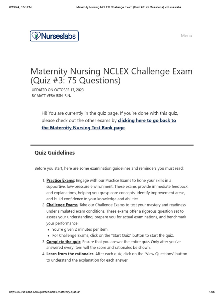Maternity Nursing NCLEX Challenge Exam Quiz 3 - 75 Questions Nurseslabs ...