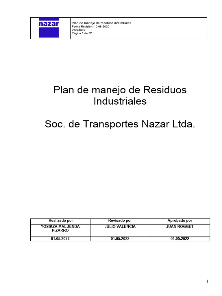 2022 - Plan de Manejo AMBIENTAL de Residuos Peligrosos - Final | PDF | Residuos | Agua