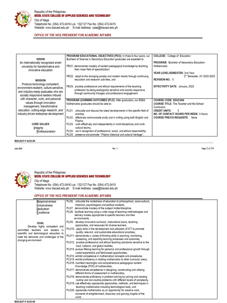 The Teacher and The School Curriculum - BSED MATH - 2nd Year | PDF | Curriculum | Teachers