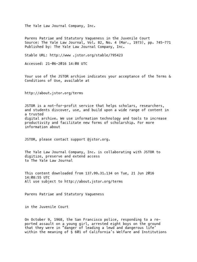 Parens Patriae and Statutory Vagueness in The Juvenile Court 1973 ...