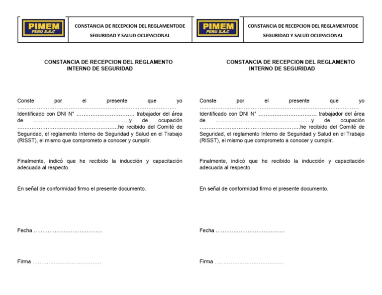 Constancia de Recepcion Del Reglamento Interno de Seguridad (Risst) | PDF