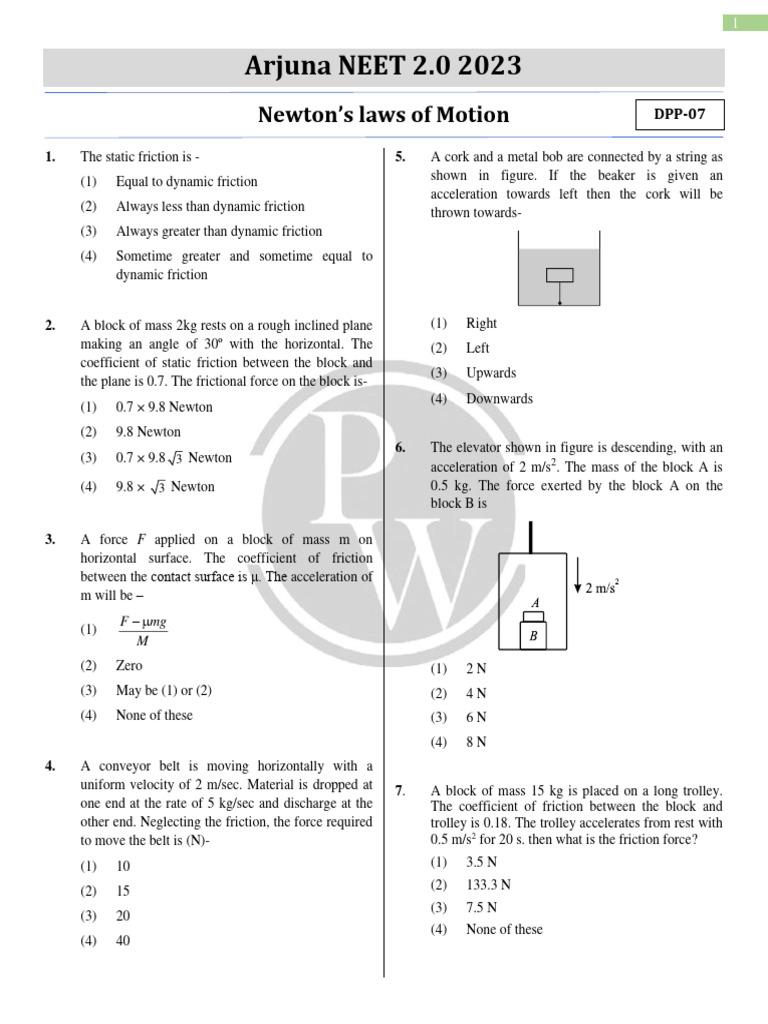 Newton Laws of Motion and Friction DPP 07 of Lecture 10 Arjuna NEET | PDF | Friction | Force