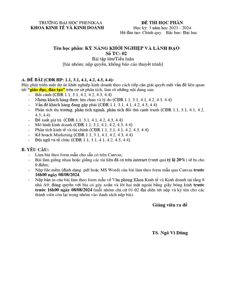 Kỹ Năng Khởi Nghiệp Và Lãnh Đạo 2023-2024 - Đề Thi KTHP (07.2024) | PDF