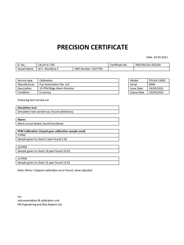 Calibration Certificate for M.V. Worldera 3 | PDF