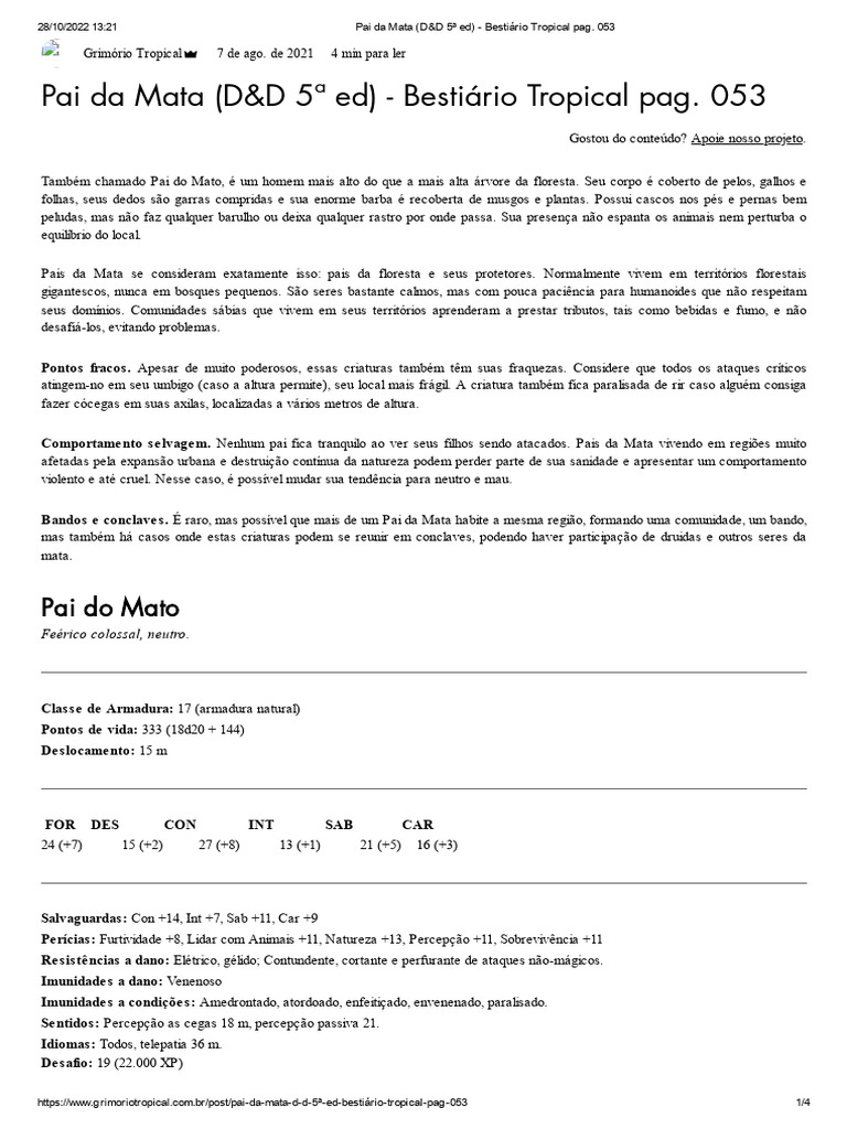 Pai Da Mata (D&D 5 Ed) - Bestiário Tropical Pag. 053 | PDF | Árvores