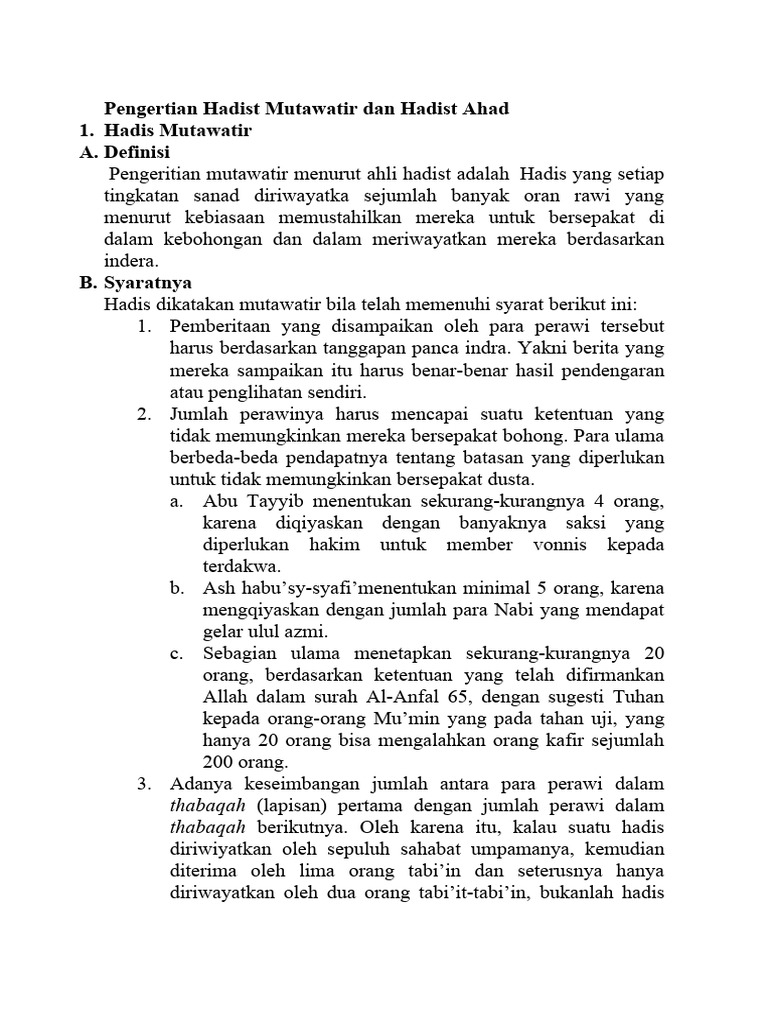 Pengertian Hadist Mutawatir Dan Hadist Ahad | PDF | Filsafat | Kajian ...