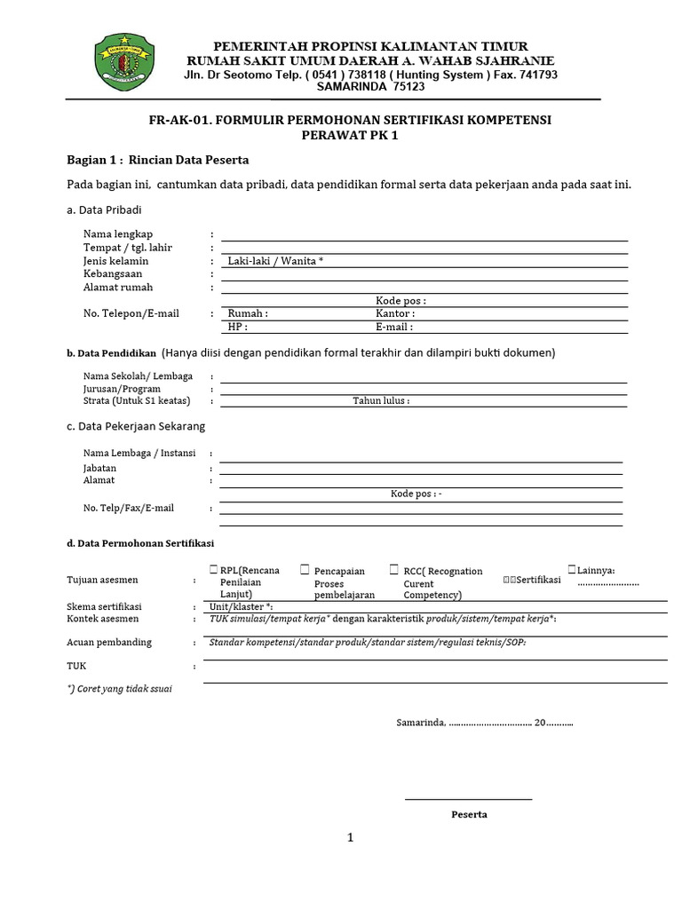 Fr-Ak-01 Generalis Formulir Permohonan Sertifikasi Kompetensi PK 1 | PDF