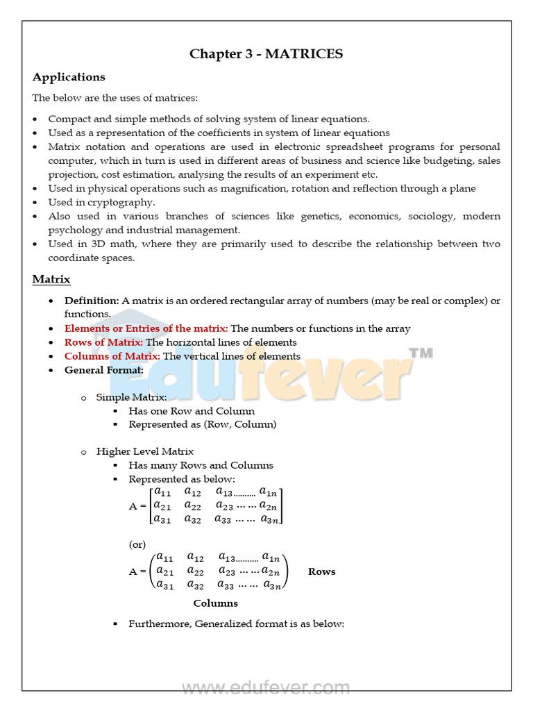 Chapter 3 - Matrices Revision Notes | PDF | Matrix (Mathematics ...
