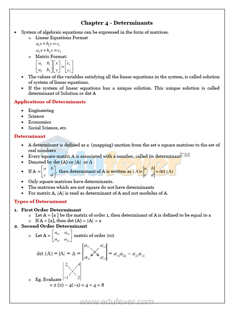 Chapter 4 - Determinants Revision Notes | PDF | Determinant | Matrix ...