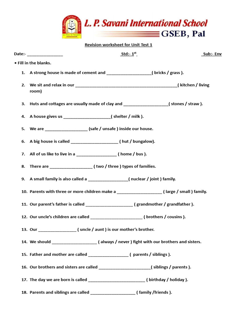 STD 1 Evs Revision Worksheet UT1 | PDF | Room | Family
