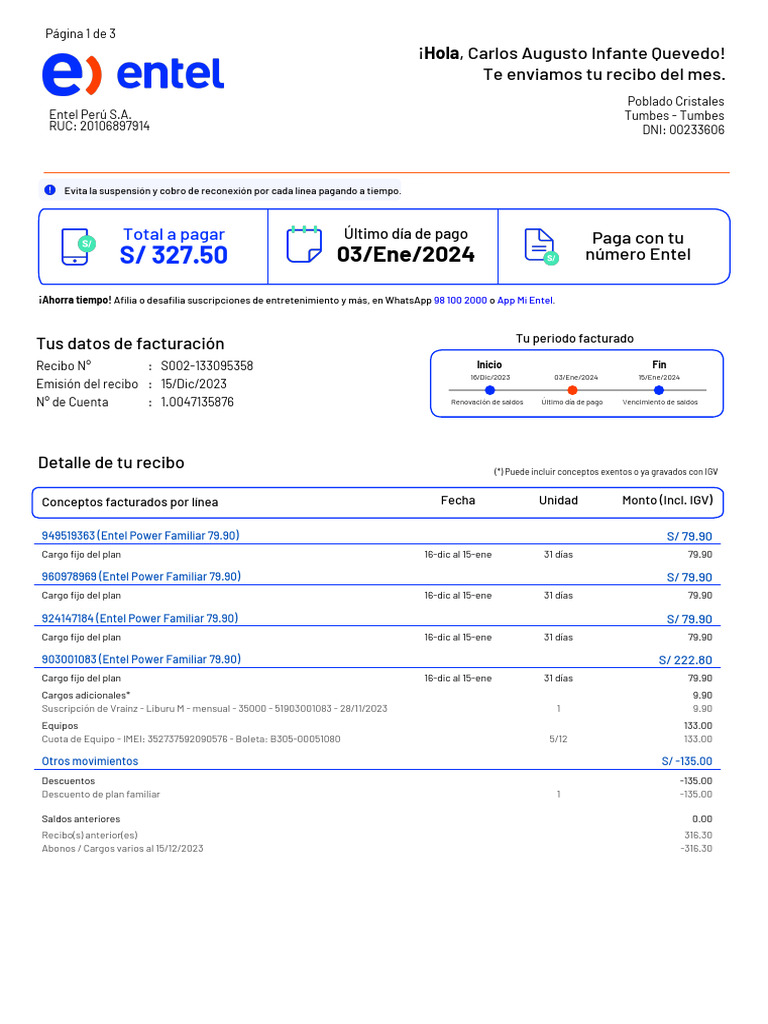 Recibo de Entel Perú - Diciembre 2023 | PDF | Industrias de servicio