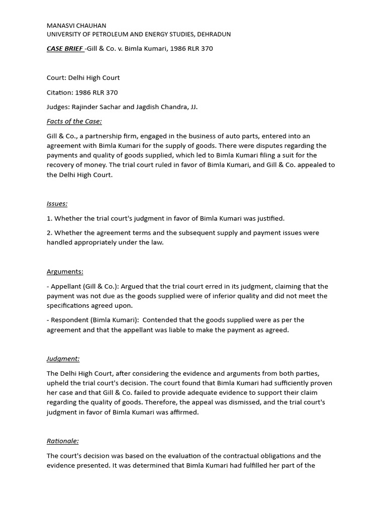 Gill & Co. v. Bimla Kumari Case Summary | PDF