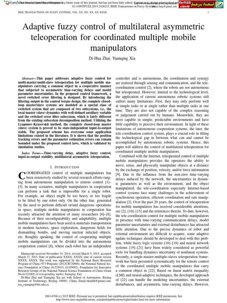 Adaptive Fuzzy Control of Multilateral Asymmetric Teleoperation for Coordinated Multiple Mobile ...