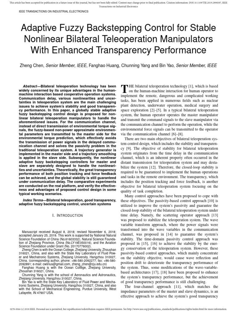 Adaptive Fuzzy Backstepping Control For Stable Nonlinear Bilateral Teleoperation Manipulators ...