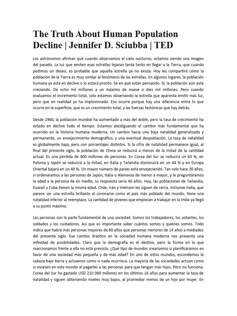 The Truth About Human Population Decline Jennifer D. Sciubba TED | PDF ...