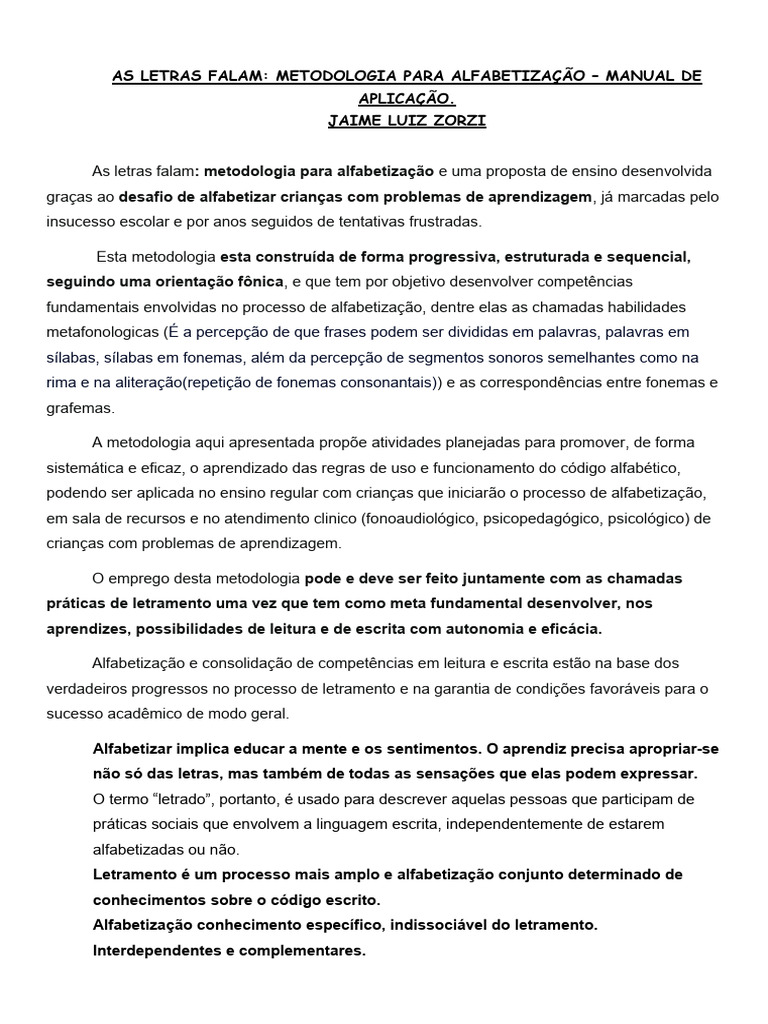 Zorzi - As Letras Falam | PDF | Alfabetização | Aprendizado