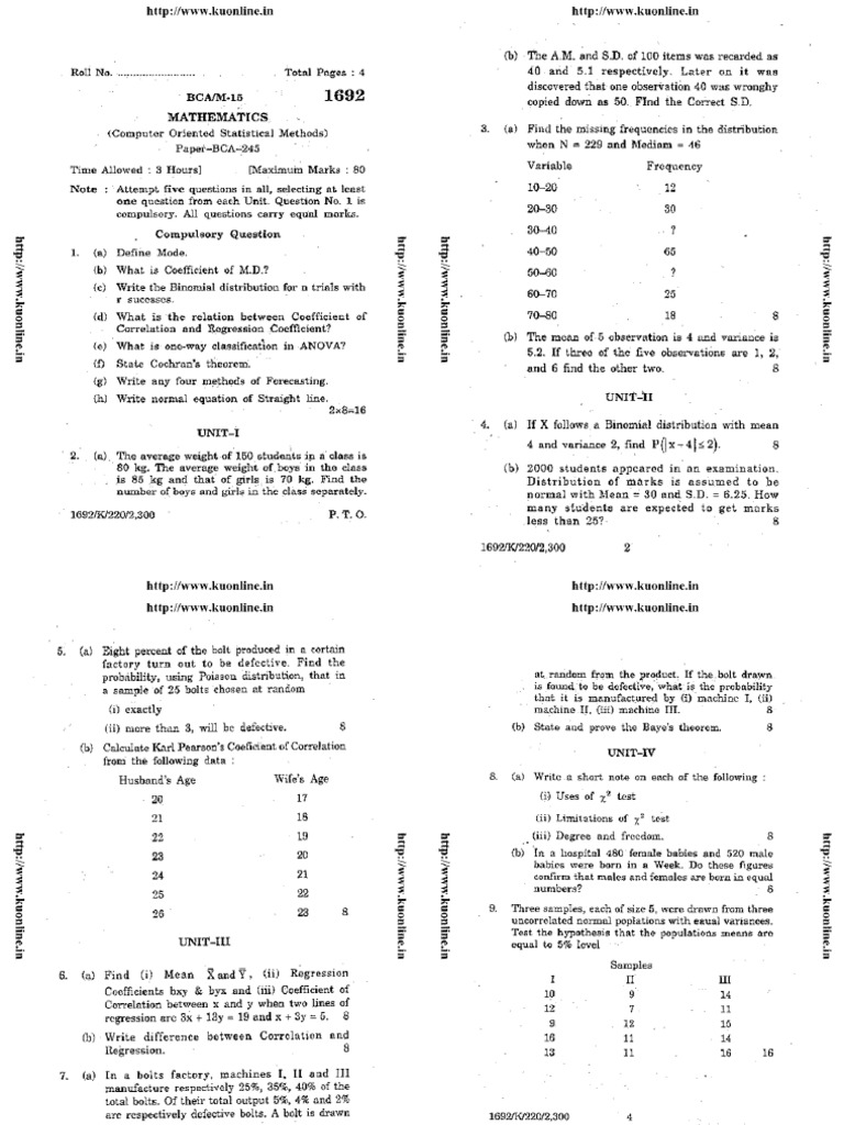 Bca 4 Sem Mathematics Computer Oriented Statistical Methods 1692 May ...