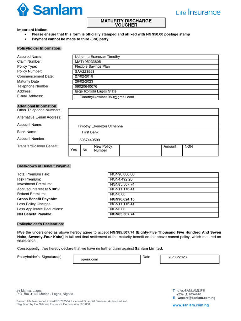 Sanlam Life Insurance Maturity Claim Form | PDF | Insurance | Life ...