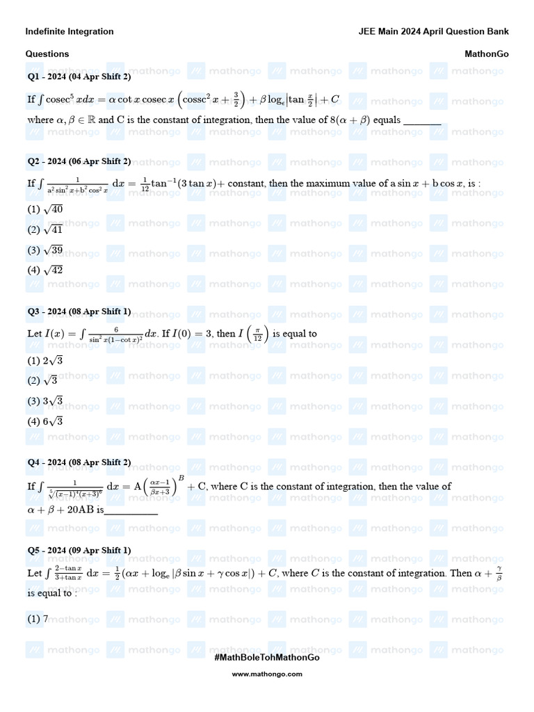 Indefinite Integration - JEE Main 2024 April Question Bank - MathonGo ...