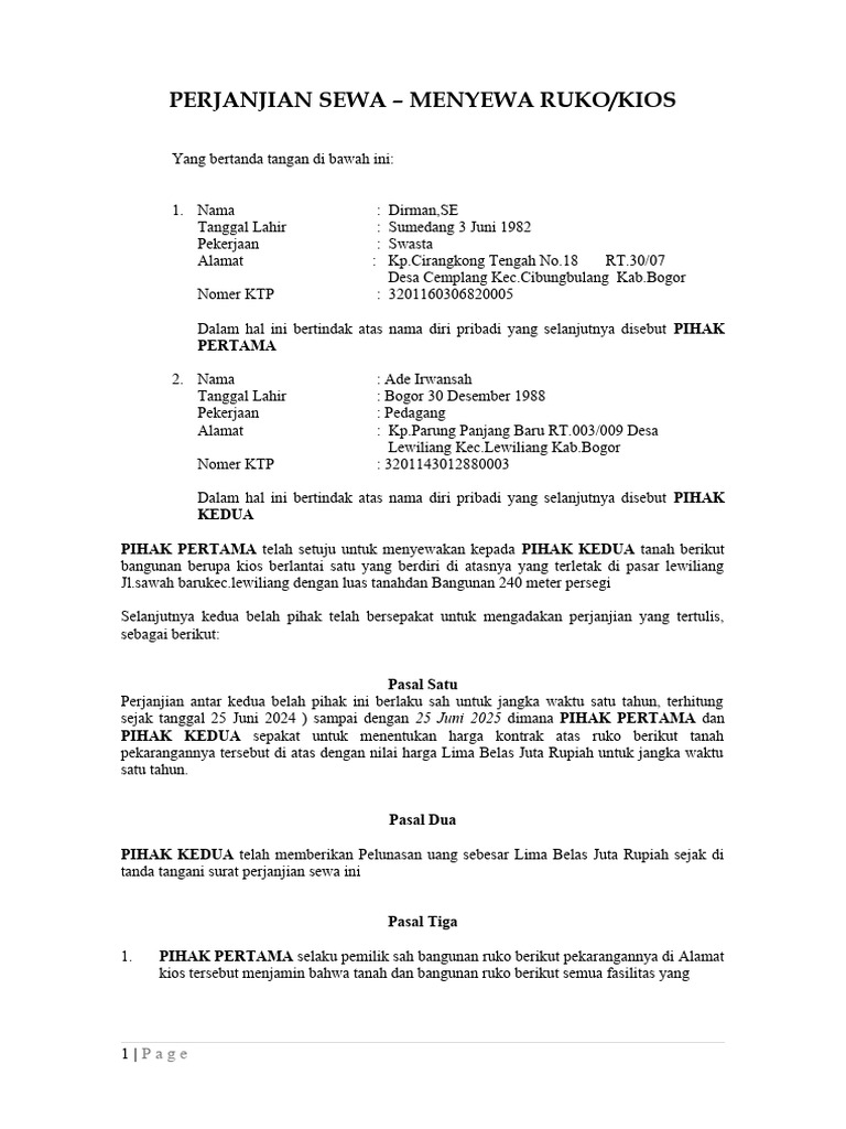 Surat-Perjanjian-Sewa-Menyewa Ruko 1 | PDF