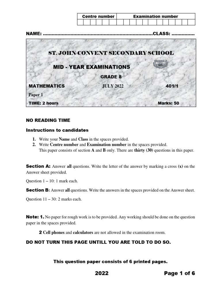 Grade 8 Maths P1 Mid Year Exam 2022 | PDF | Mathematics