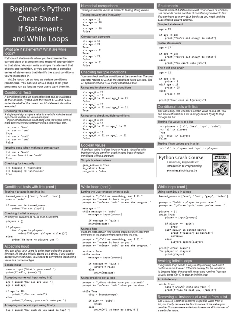 Beginners Python Cheat Sheet PCC If While BW | PDF | Control Flow ... Beginners Python Cheat Sheet PCC If While BW | PDF | Control Flow ...