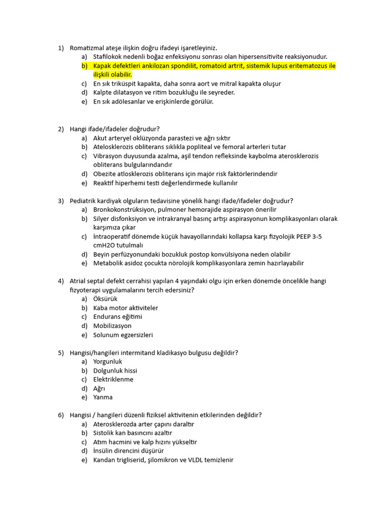 Kardi̇yak Rehabi̇li̇tasyon Sorulari | PDF