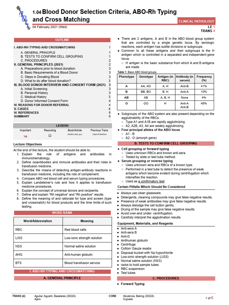 (CPT-LAB) 1.04 Blood Donor Selection Criteria, ABO-Rh Typing and Cross ...