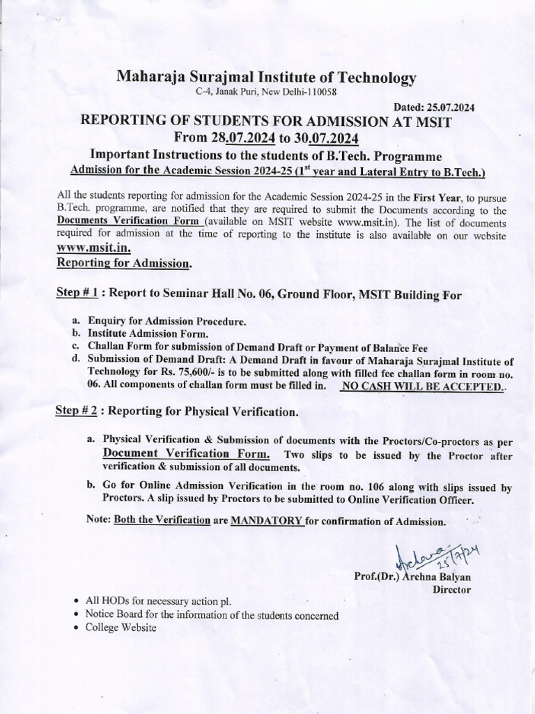 Reporting of Students For Admission at Msit QVmG1k7 | PDF