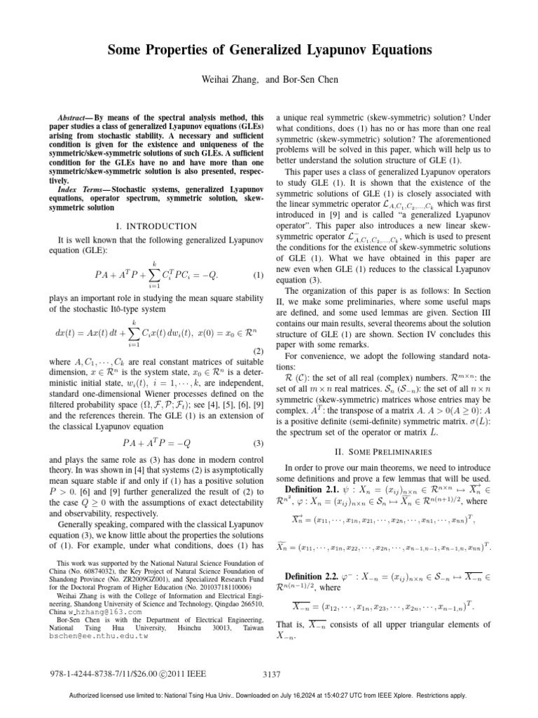 Some Properties of Generalized Lyapunov Equations | PDF | Matrix (Mathematics) | Eigenvalues And ...