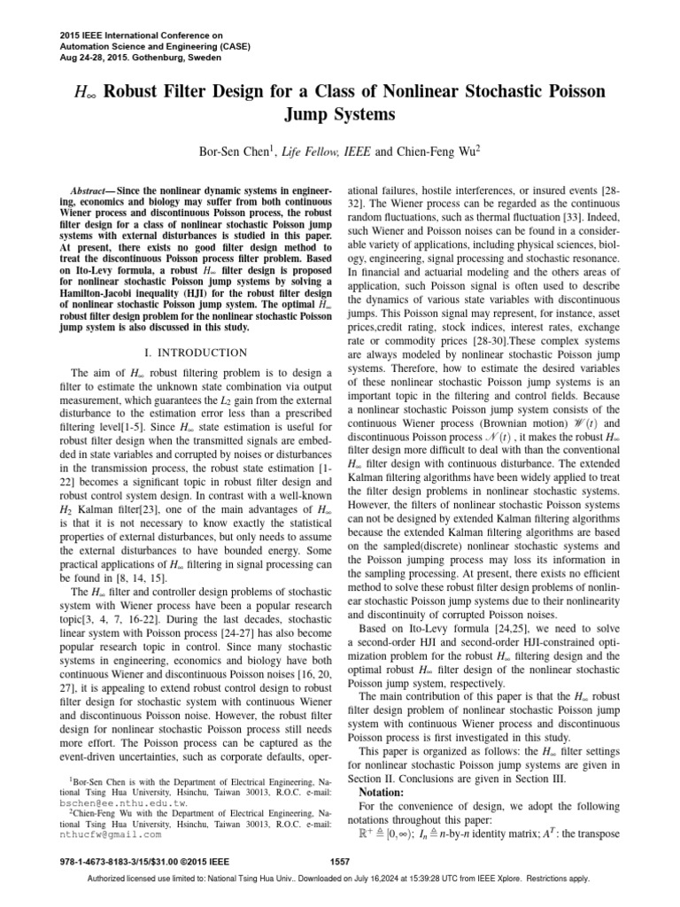 H Robust Filter Design For A Class of Nonlinear Stochastic Poisson Jump ...