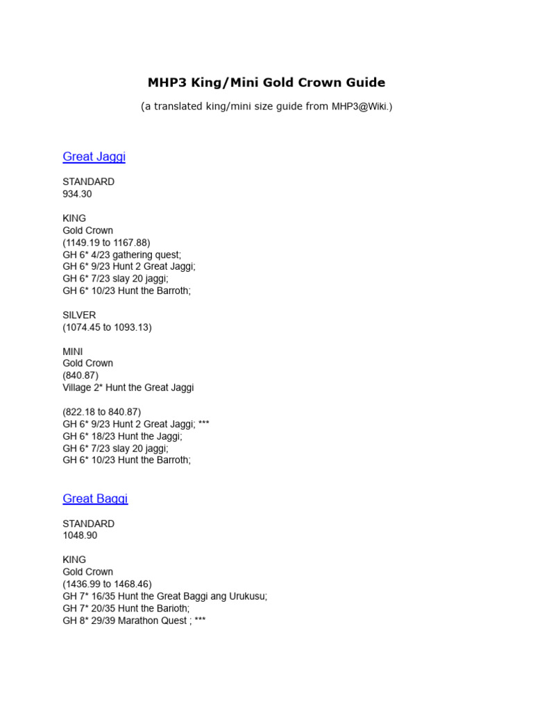 MHP3 King-Mini Gold Crown Guide | PDF | Fantasy Games | Video Games