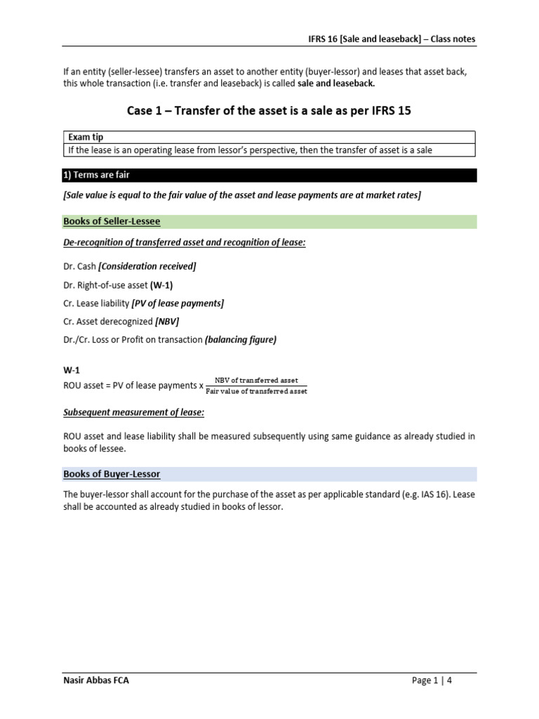 IFRS 16 (Sale and Leaseback) - Class Notes | PDF | Fair Value | Lease