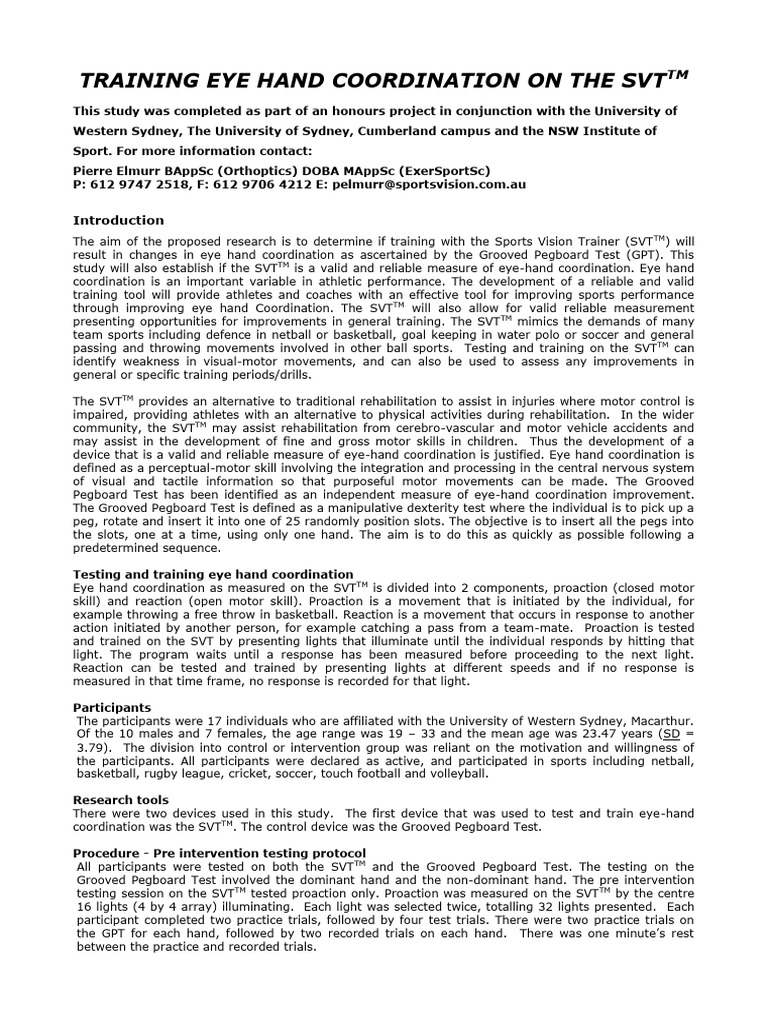 Training Eye Hand Coordination on the SVT | PDF | Cognitive Science ...