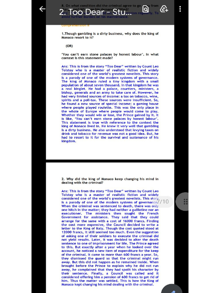 Too Dear ..... Questions and Answers | PDF