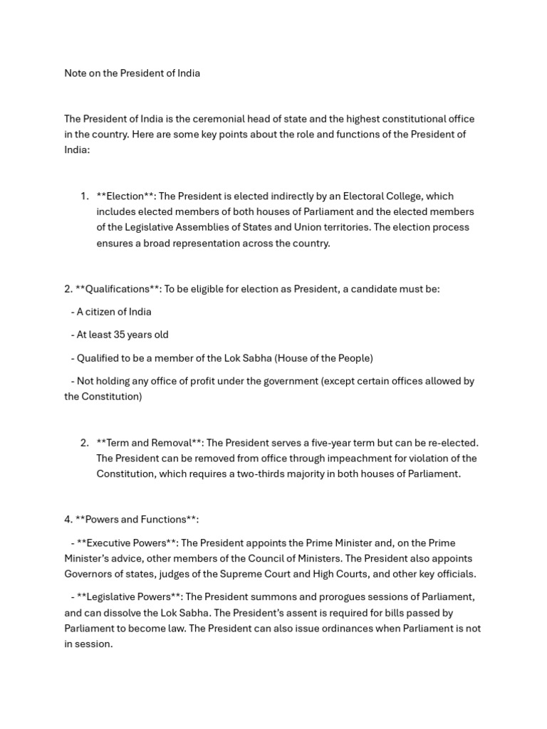 Role and Powers of the President of India | PDF | Government ...