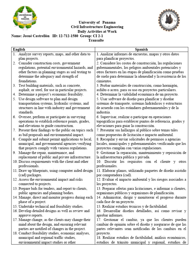 Daily Duties. civil engineers | Descargar gratis PDF | Ingeniería