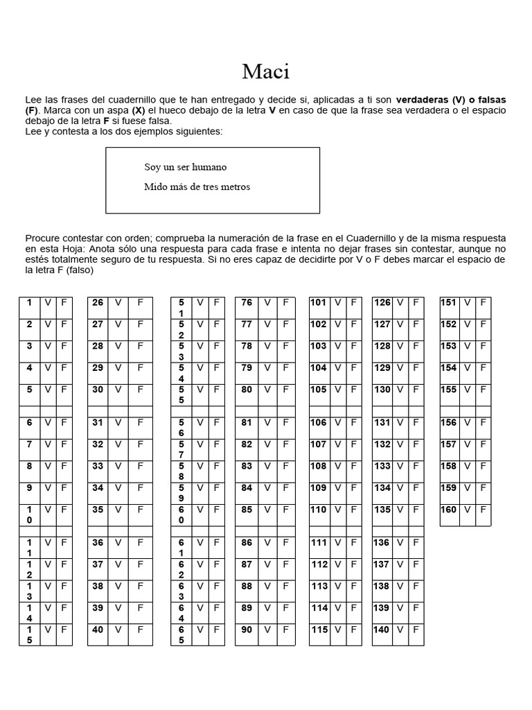 Hoja de Respuestas Inventario (MACI) | PDF