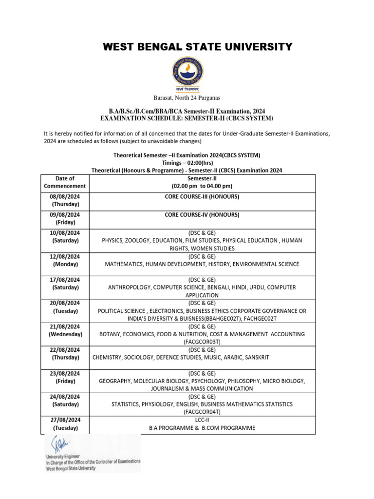 WBSU Semester-II Exam Schedule 2024 | PDF | Science | Liberal Arts Education