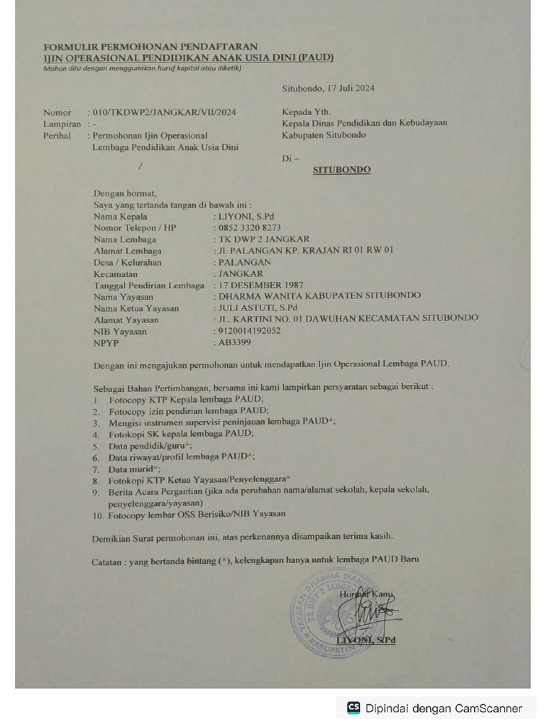 FORMULIR PERMOHONAN PENDAFTARAN IJIN OPERASIONAL PAUD-TK DWP 2 JANGKAR ... FORMULIR PERMOHONAN PENDAFTARAN IJIN OPERASIONAL PAUD-TK DWP 2 JANGKAR ...