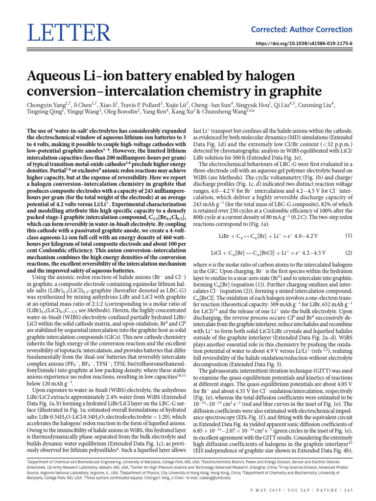 Yang Et Al. - 2019 - Aqueous Li-Ion Battery Enabled by Halogen Conversi | PDF | Lithium Ion ...