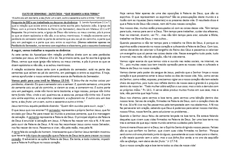 28-2024 - Culto de Senhoras - 24-07-24 - Que Sejamos A Boa Terra | PDF | Jesus | Fé