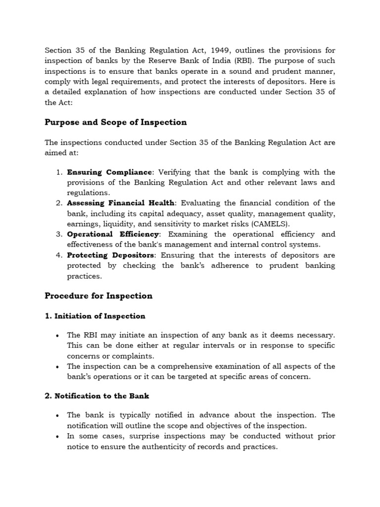 Inspection Sec 35 BR Act | PDF | Reserve Bank Of India | Banks