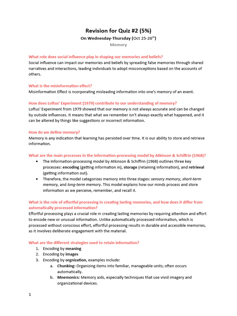 Revision For Quiz 2. Intro. To. Psychology | PDF | Memory | Recall (Memory)