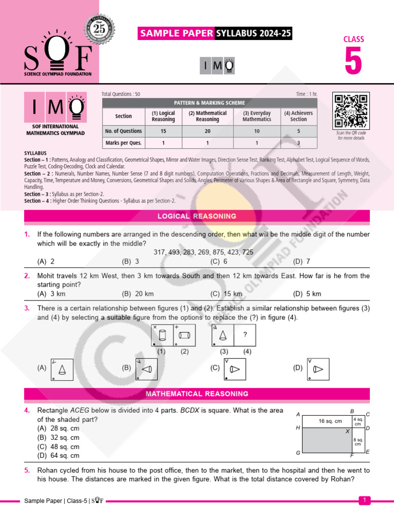 IMO Sample Paper Class-5 | PDF | Shape | Numbers
