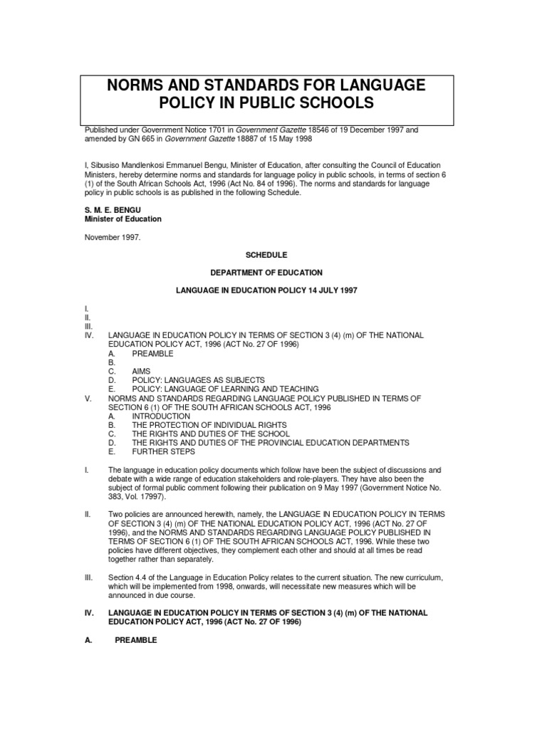 Norms and Standards For Language Policy in Public Schools | PDF ...