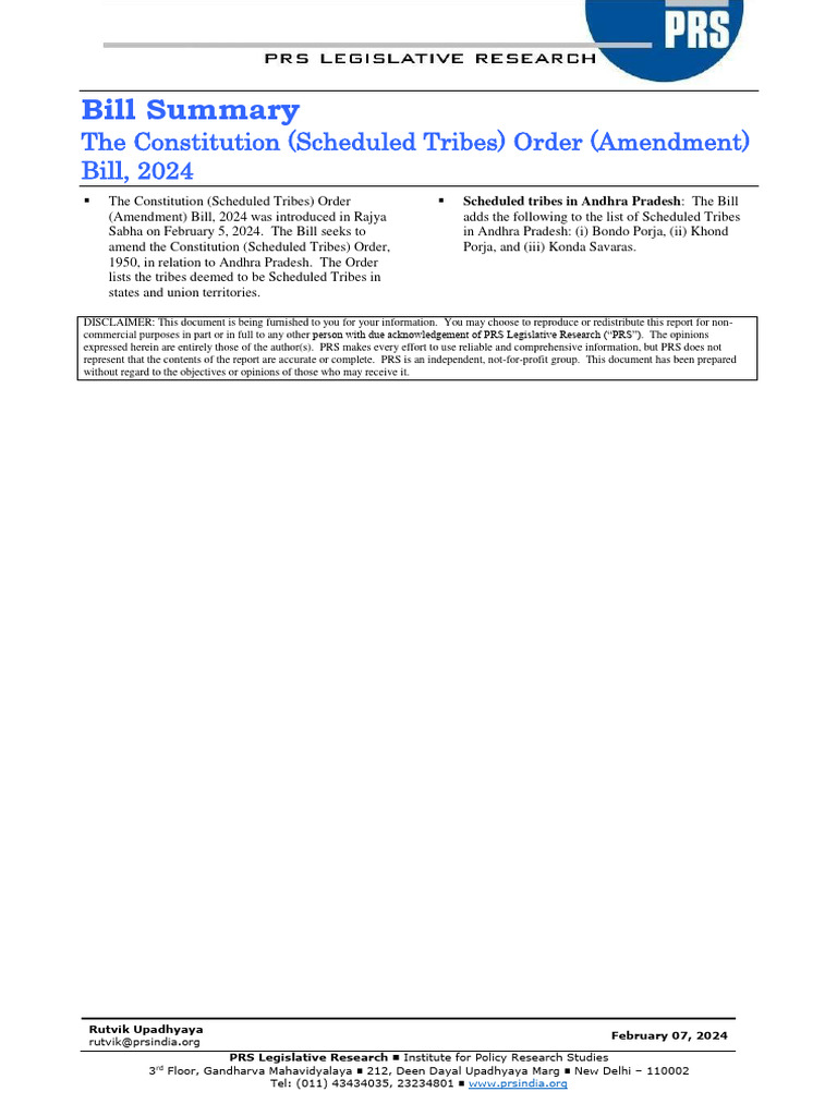 Bill Summary-ST Amendment Order Bill 2024 | PDF