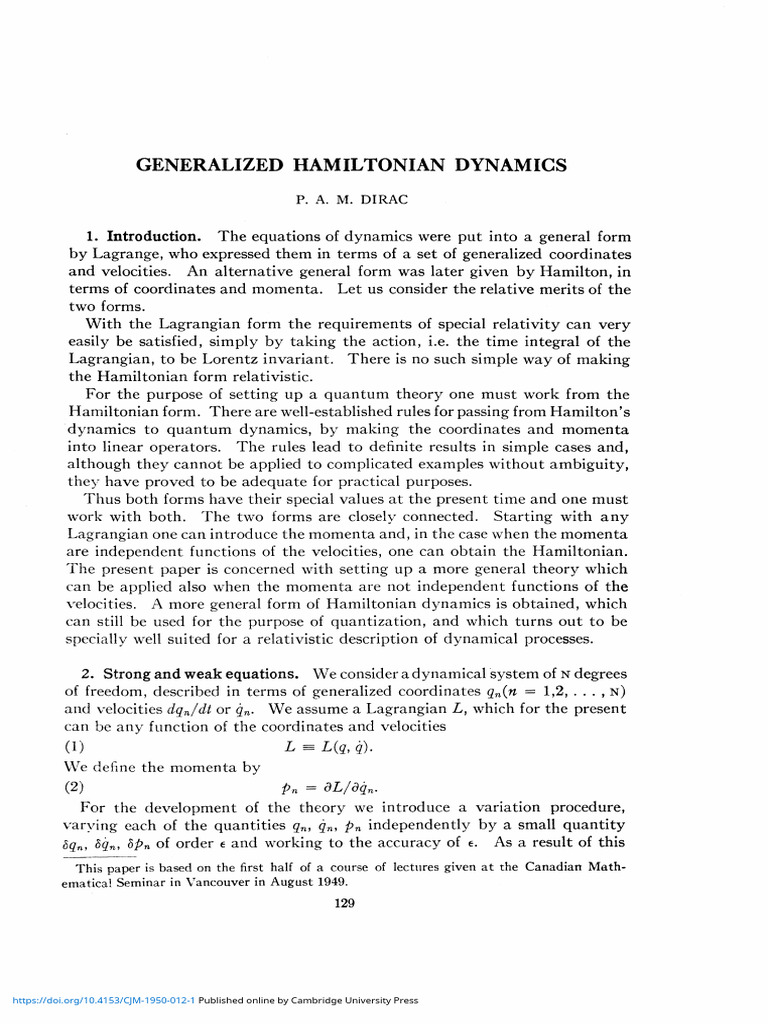 Generalized Hamiltonian Dynamics | PDF | Hamiltonian Mechanics ...