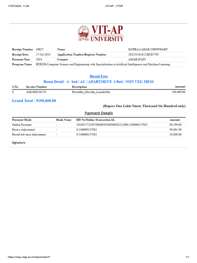 Vit-Ap - Vtop (Hostel1) | PDF