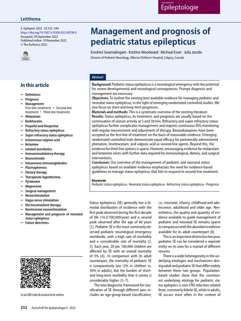 Management and Prognosis of Pediatric Status Epilepticus: in This ...